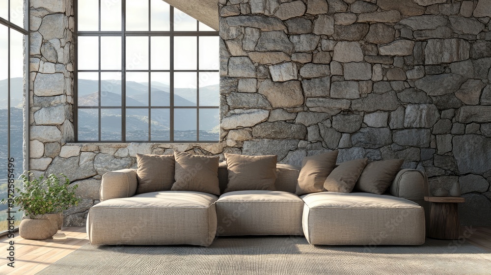 Corner sofa against window in room with stone cladding walls Farmhouse ...
