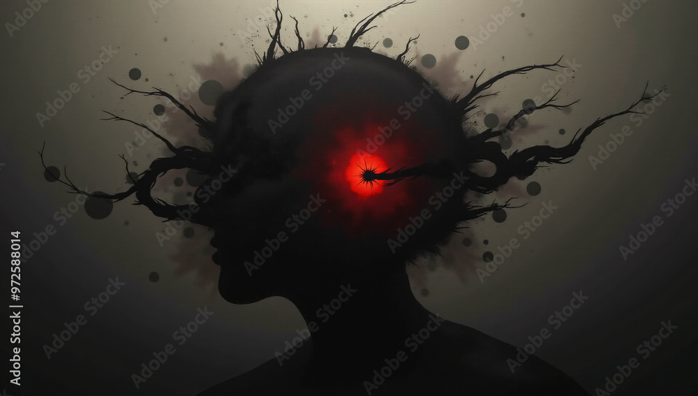 An abstract representation of a tormented mind, rendered in a dark and ...
