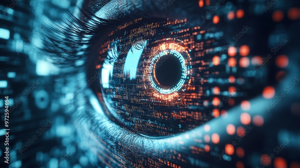 High-tech eye with digital code and security symbols. Represents AI ...