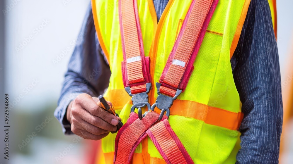 Inspector checking safety harnesses, inspecting personal protective ...