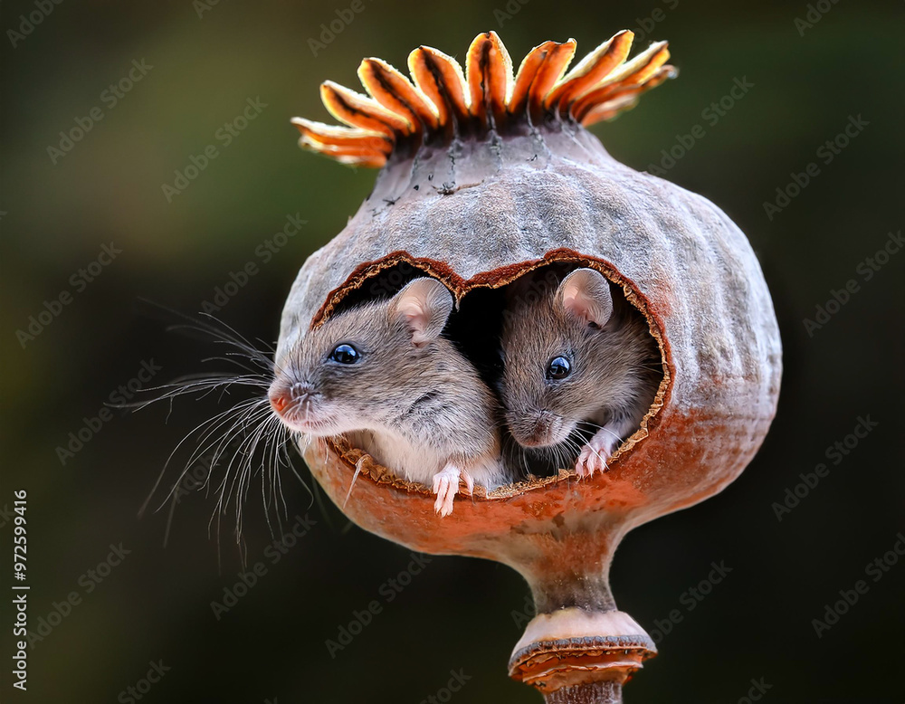 A family of mice that have a nest in the head of a dry poppy plant. A ...