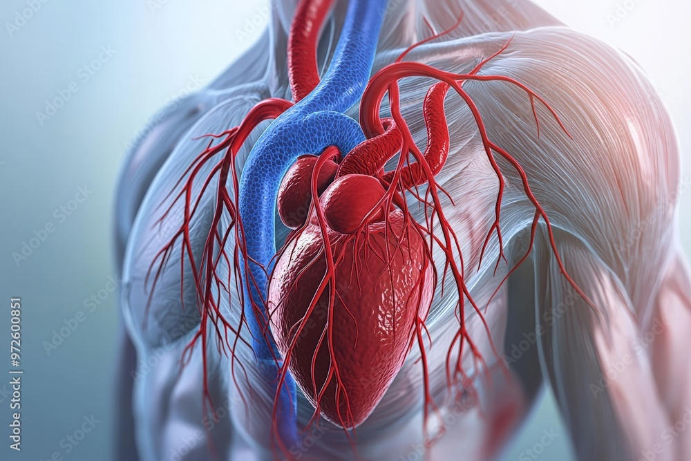 A diagram of a human heart with arteries highlighted, showing the areas ...