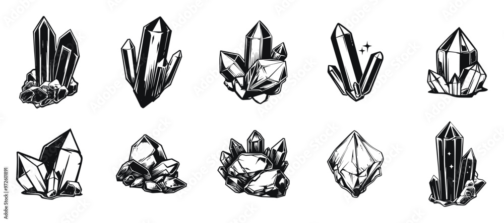 Black crystal formations vector illustration. Various shapes and ...