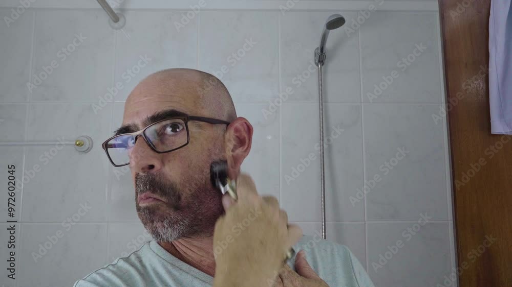 A bald man with glasses begins his beard shaving routine using an ...