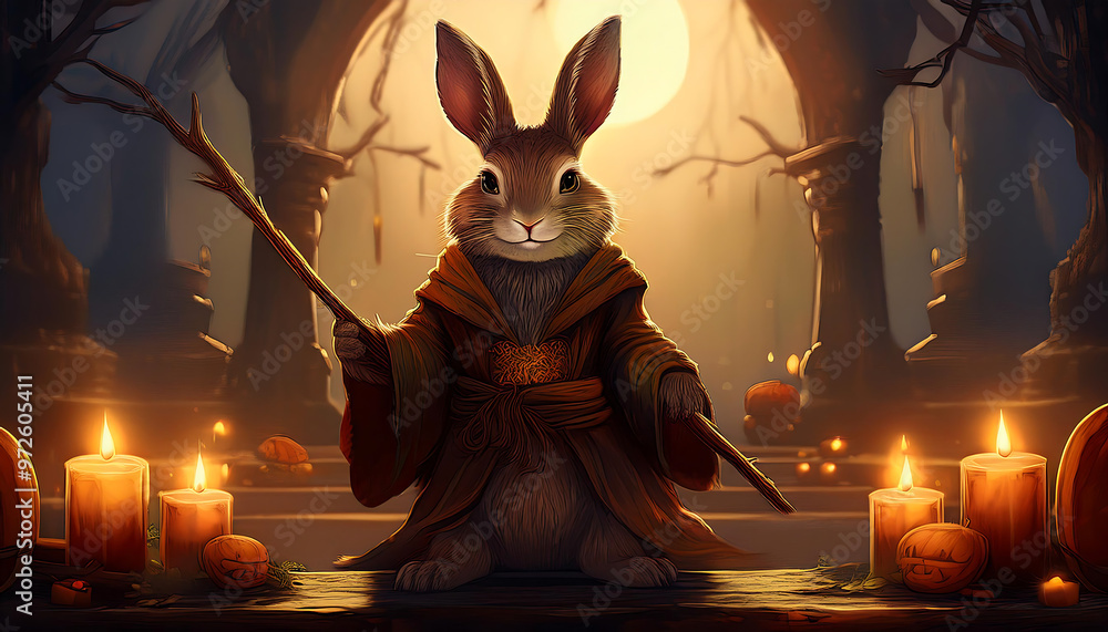 Rabbit in a robe, holding a stick, posed in a mysterious setting with ...