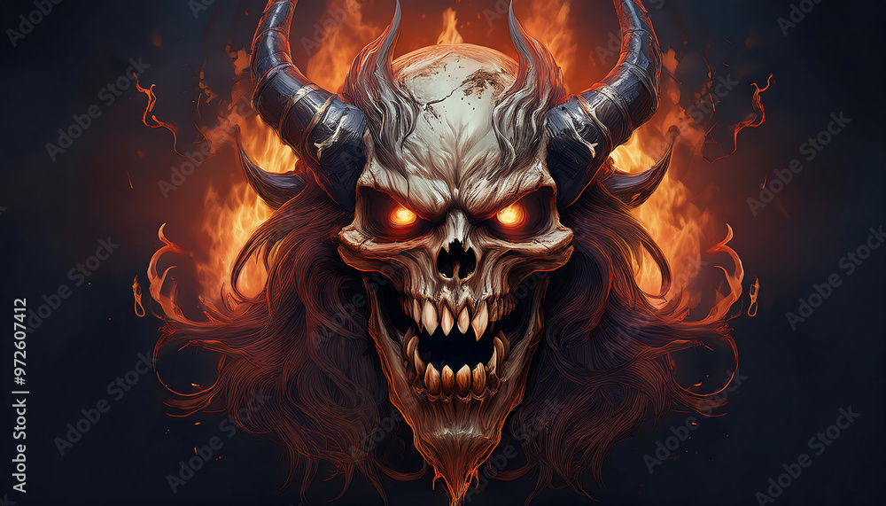 Screaming demon skull, with large horns and flaming eyes, creating a ...