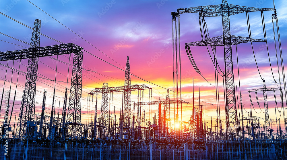 Electrical power substation at sunset. The image displays a detailed ...
