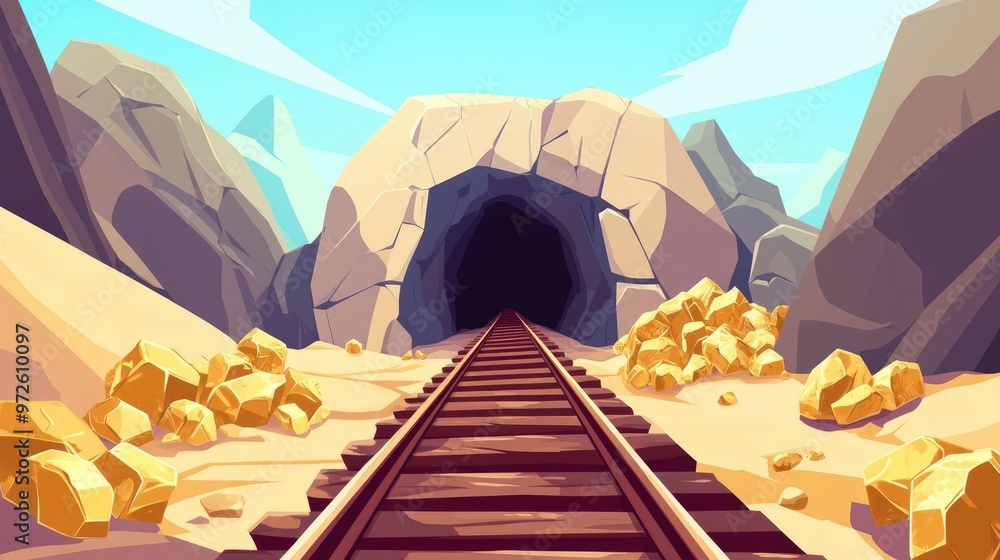 Cartoon Gold Mine Tunnel with Golden Rocks and Train Tracks, Designed ...