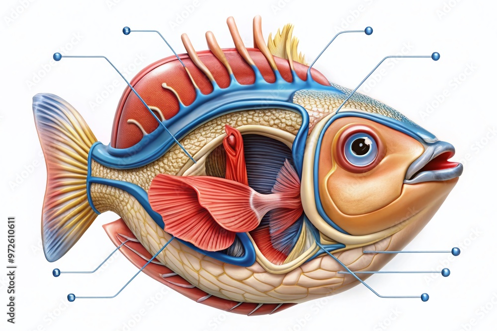 Illustrated anatomy of a fish heart, showcasing its ventricle, atrium ...