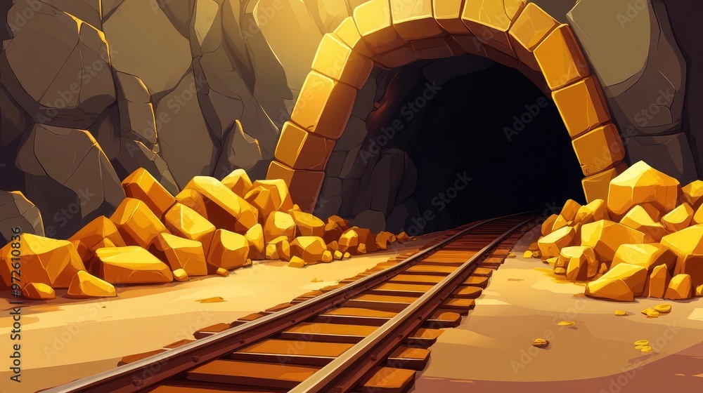 Cartoon Gold Mine Tunnel with Golden Rocks and Train Tracks, Designed ...
