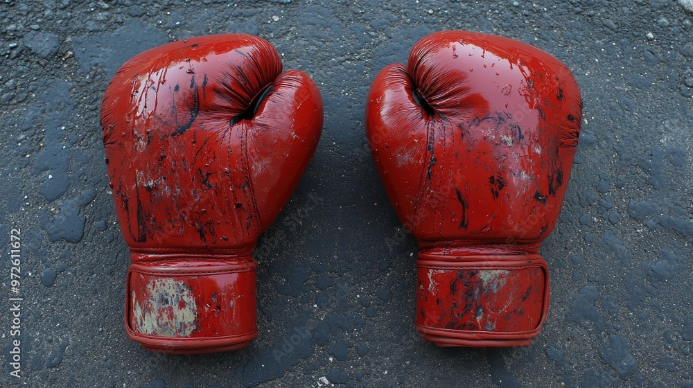Two boxing gloves covered in red paint, resting side by side on a rough ...
