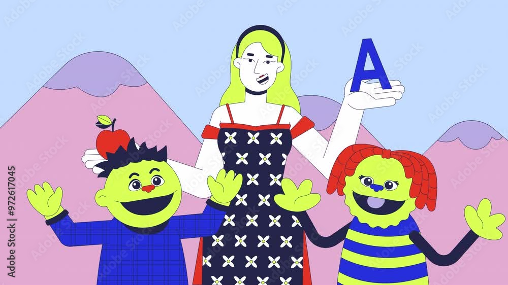 Kids show on TV cartoon animation. Puppetry entertainment on television ...