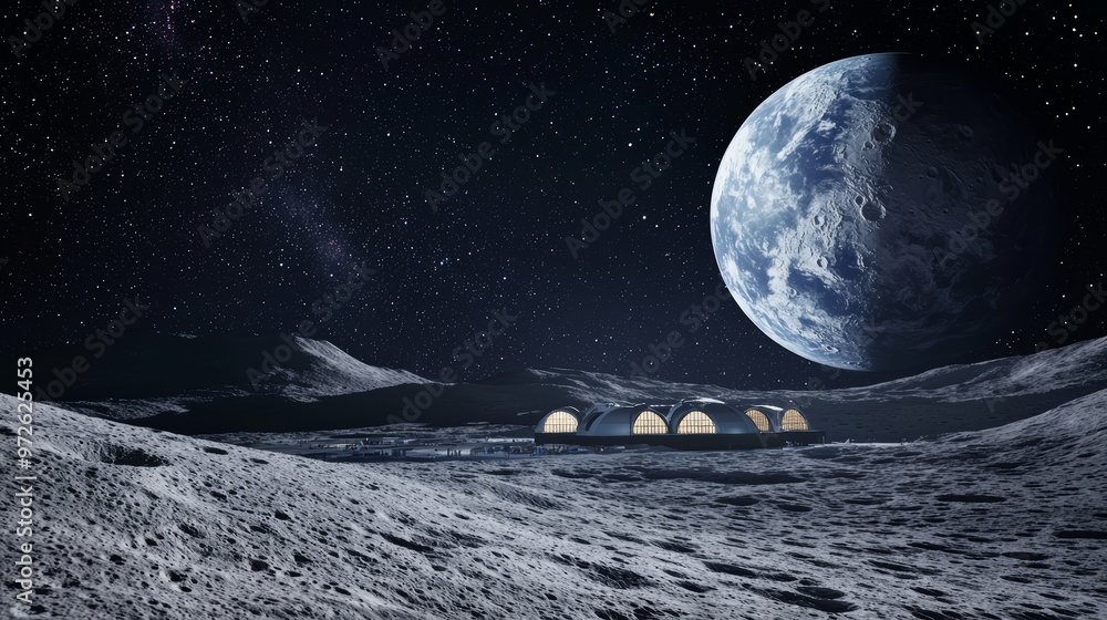 Modern lunar research facility with illuminated buildings, expansive ...