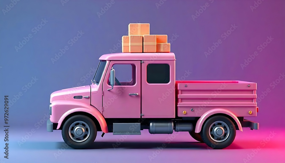 a pink toy truck with boxes on top of it, vector illustrations, 3d ...