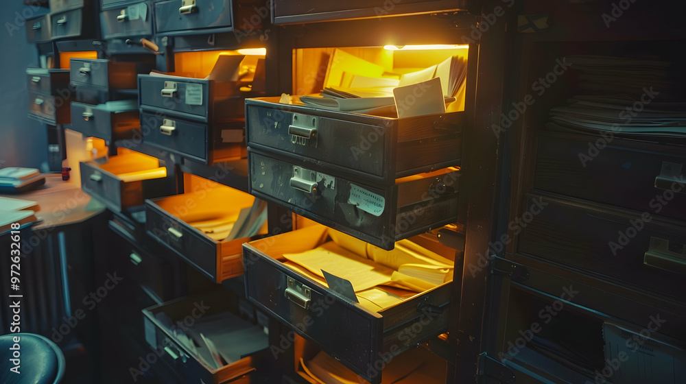 The Glowing Amber Tower: An old-fashioned filing cabinet, open drawers ...