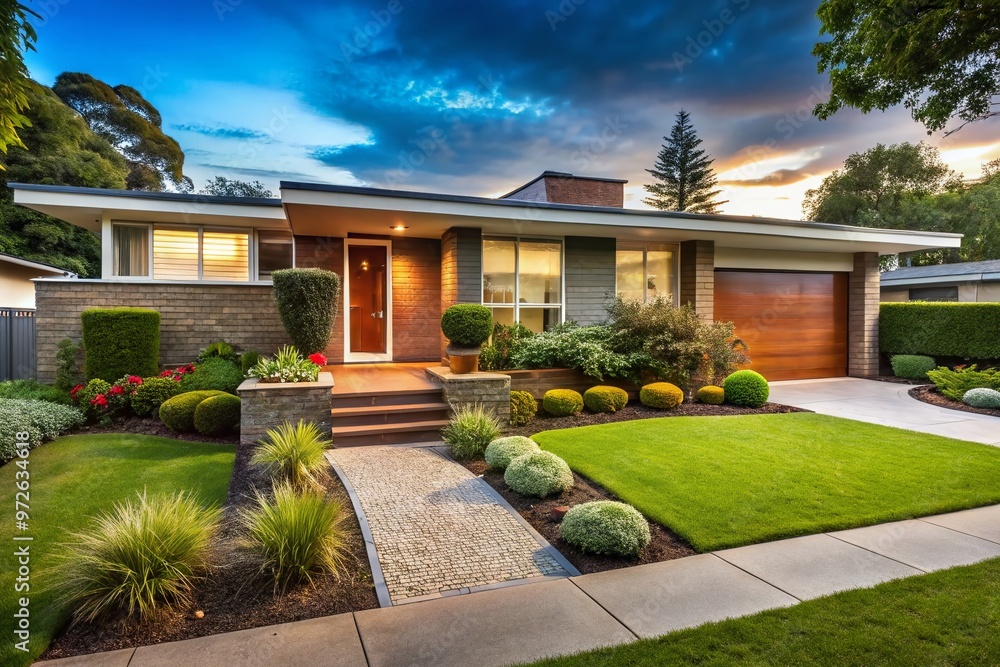 Mid-century modern suburban home exterior with immaculately landscaped ...