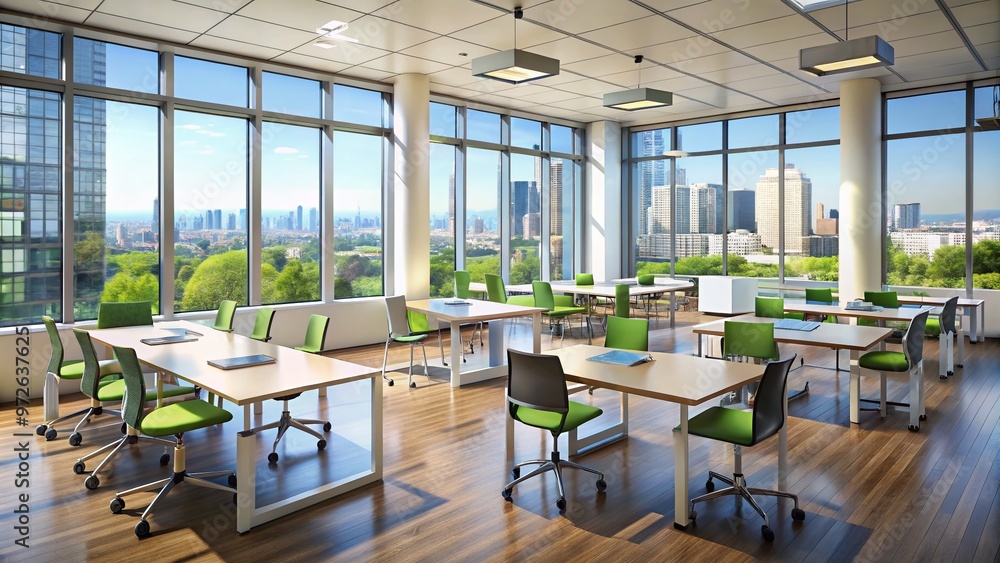 Modern classroom interior with sleek tables, ergonomic chairs, and ...