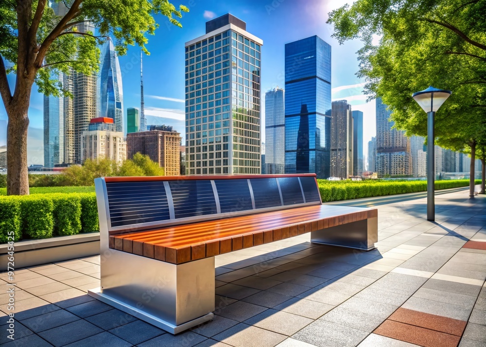 Modern, sleek, solar-powered bench with built-in charging station and ...
