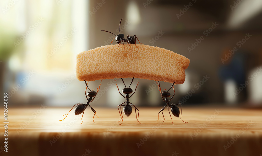 Three ants working together to carry a slice of bread, emphasizing the ...
