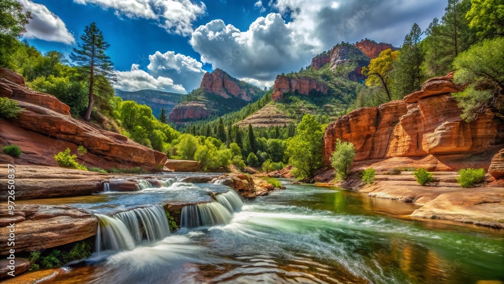 Natural water slide formed by Oak Creek's gentle current over red rocks ...