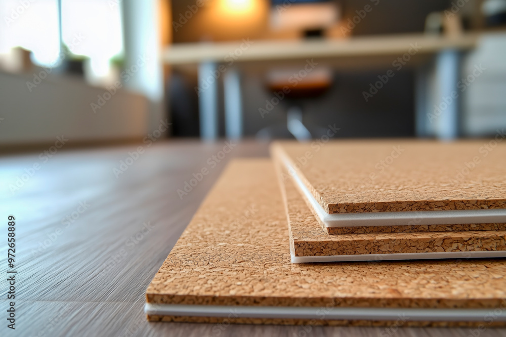 Stacked cork floor panels placed on hardwood floor in modern, interior ...