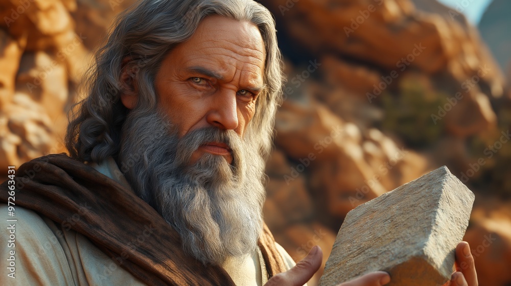 Epic Portrait of Moses Holding the Stone Tablets in a Desert Setting ...