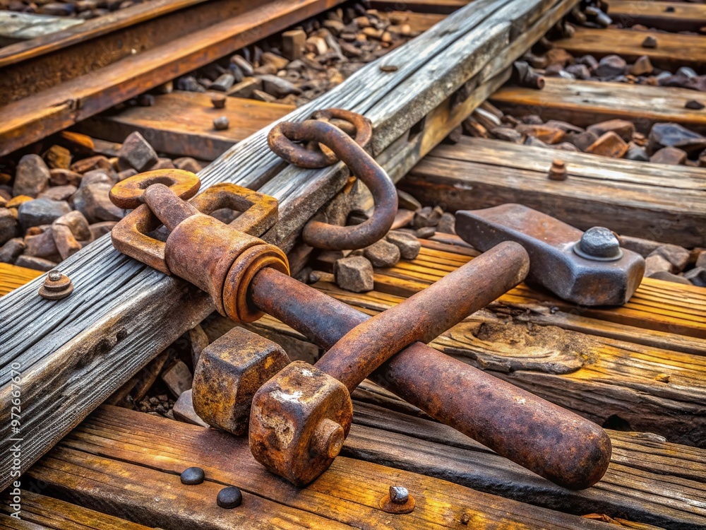 Rusty, worn, and aged vintage railroad spike puller lying on weathered ...
