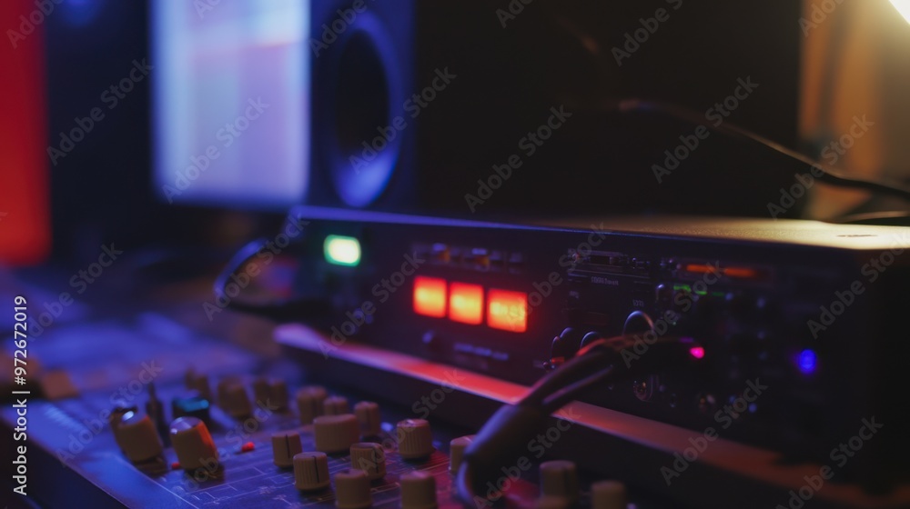 A close-up of a digital audio interface connected to a computer, with ...