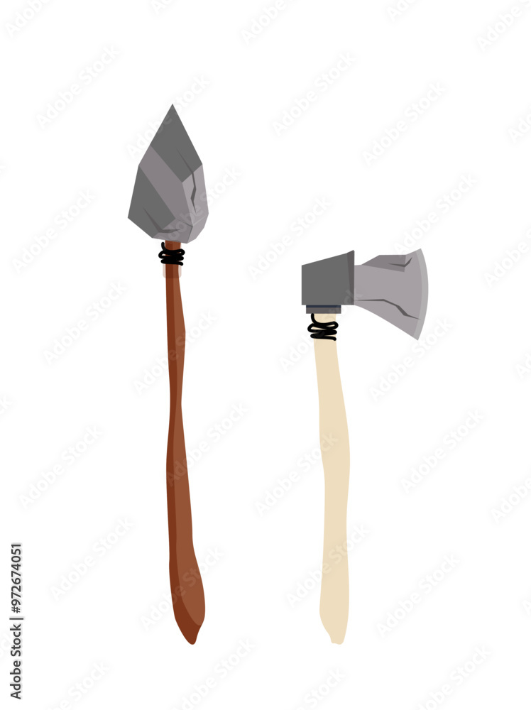 Stone age element. Spear and axe. Weapon for tribal people ...