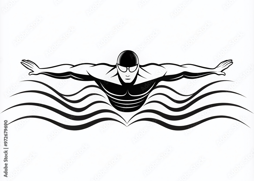 Simple outline illustration of a swimmer in motion, depicted in bold ...