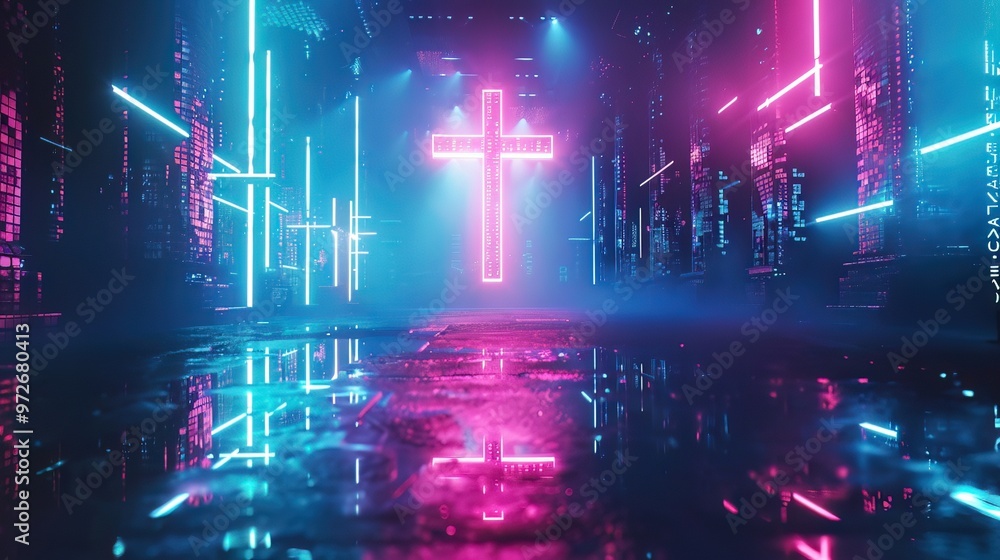 Neon crucifix in digital abyss, symbol of faith in tech era, for modern ...