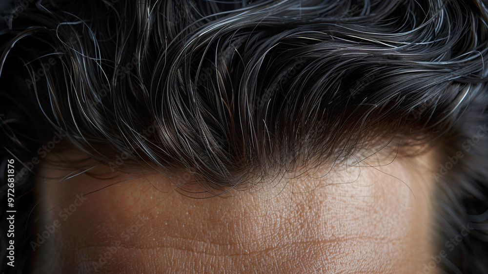 Detailed shot of mans hair from top view, showcasing texture and color ...