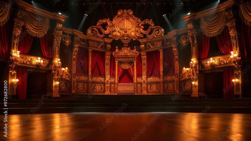 A grand, ornate stage set with a red velvet curtain, golden accents ...