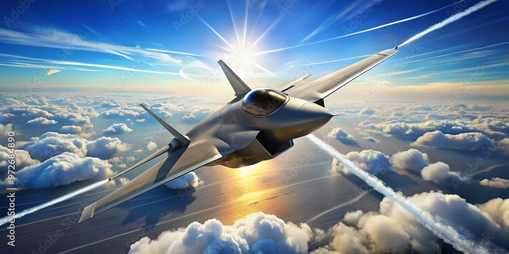 Sleek, silver, fifth-generation stealth fighter jet soaring through ...