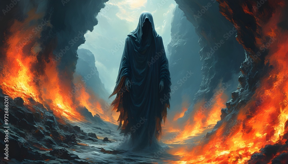 Ethereal specter haunting a sanctuary, engulfed in hellish flames ...
