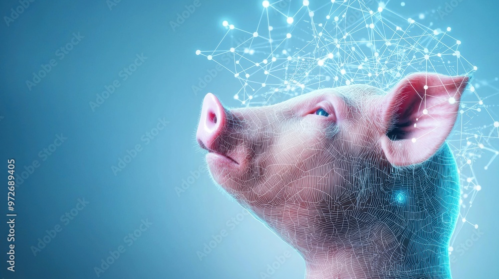 A close-up of a pig wearing a bio-monitoring collar in a smart farm ...