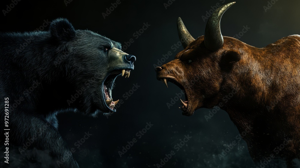 Furious huge bear and angry horned bull preparing for fight on the ...