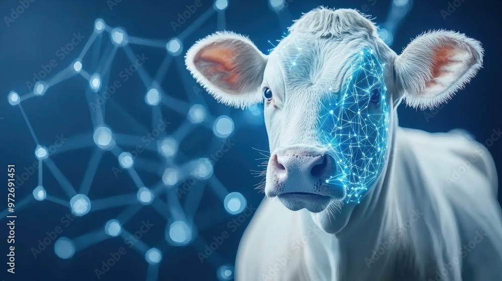 A high-tech dairy farm with smart sensors attached to cows, capturing ...