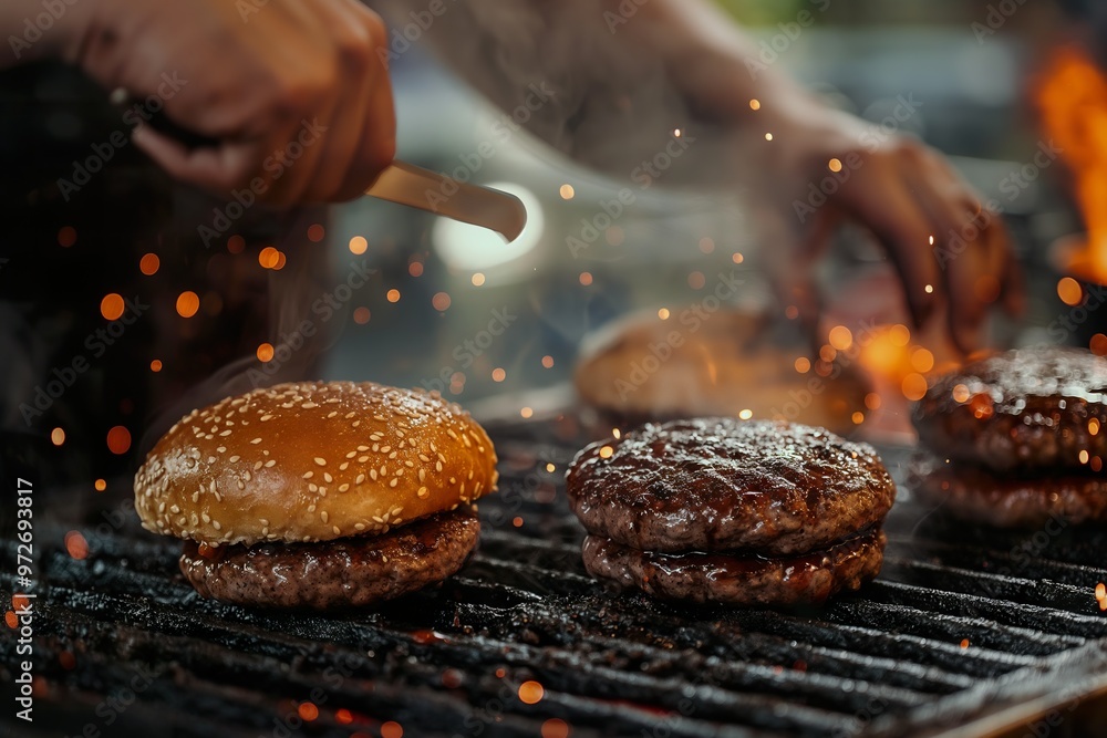 Cook skillfully flips burger buns while grilling juicy patties in a ...