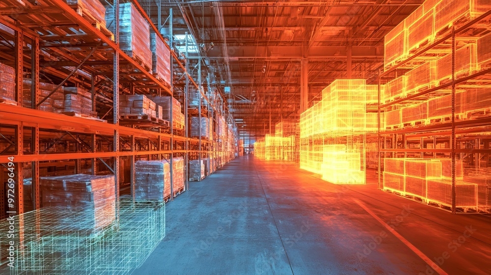 Heatmap of a large warehouse, with warm colors marking areas of high ...