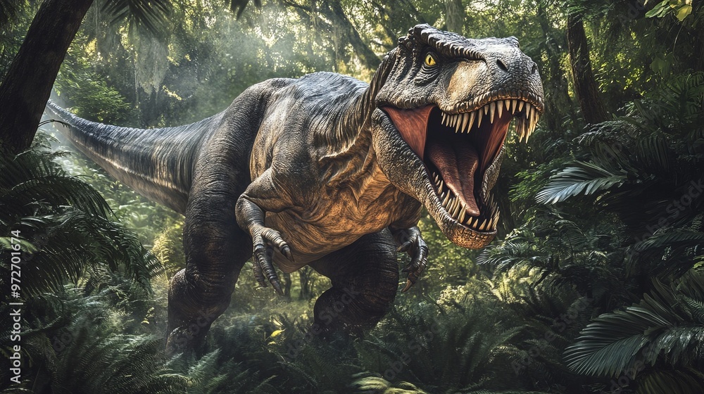 This image depicts a hyper-realistic Tyrannosaurus Rex roaring ...
