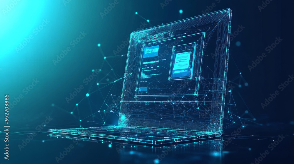 Abstract ATM displayed on a laptop screen with a digital technology ...