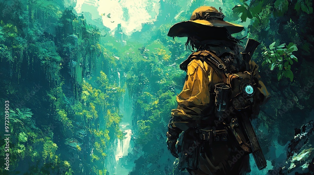 A steampunk explorer venturing into a dark and mysterious jungle ...