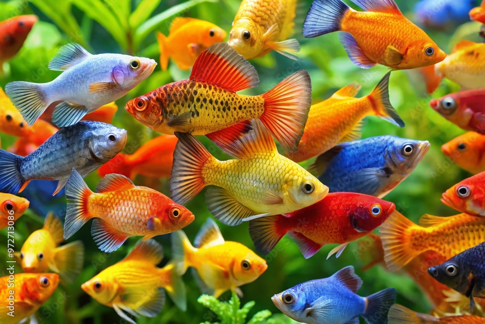 Vibrant assortment of platy fish, showcasing diverse fin shapes, tail ...