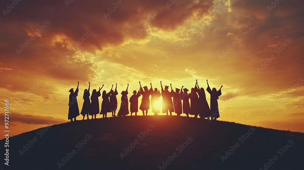 Silhouetted against a dramatic sunset, a group of graduates raise their ...