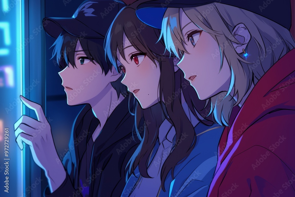 three anime characters posing together. They are standing in front of a ...