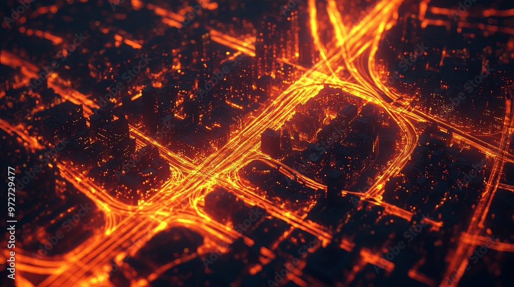 Heatmap of an urban road network, with bright red and orange lines ...