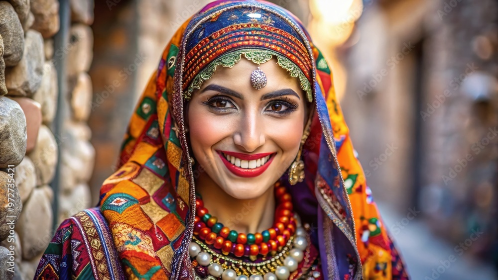 Vibrant colors adorn the traditional attire of a stunning Middle ...
