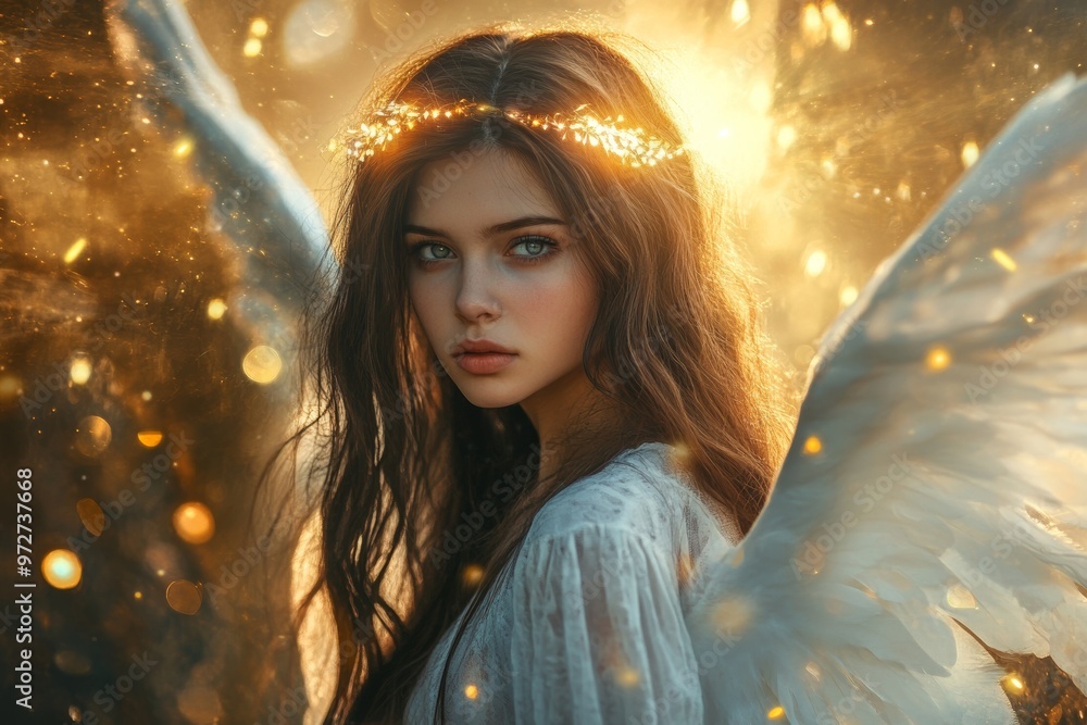 This image depicts an angelic figure with wings unfurled. This image is ...