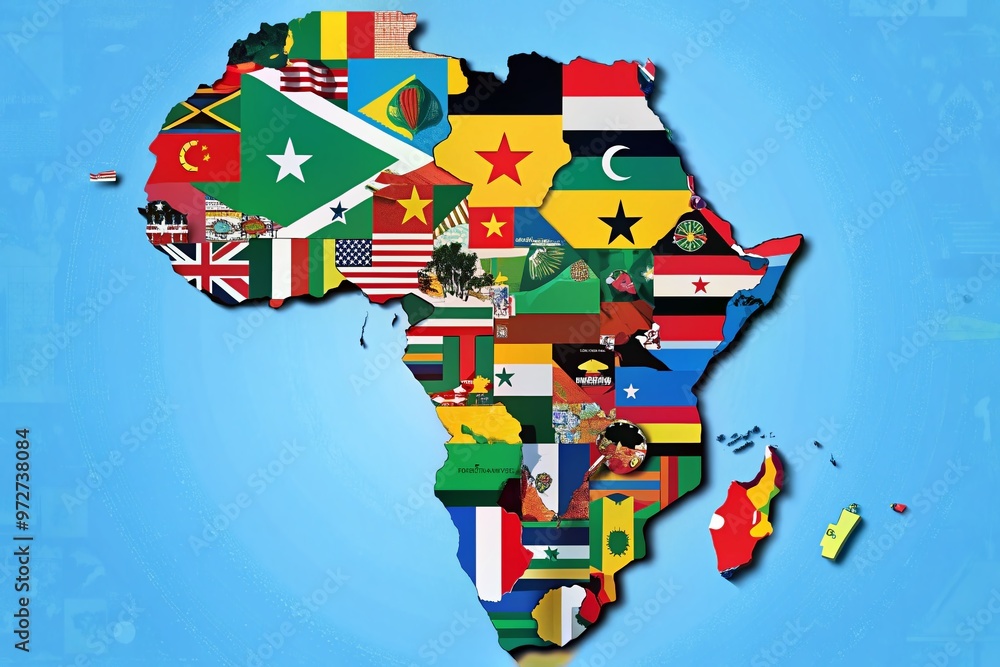 Vibrant colors of African countries' flags surround a detailed map of ...